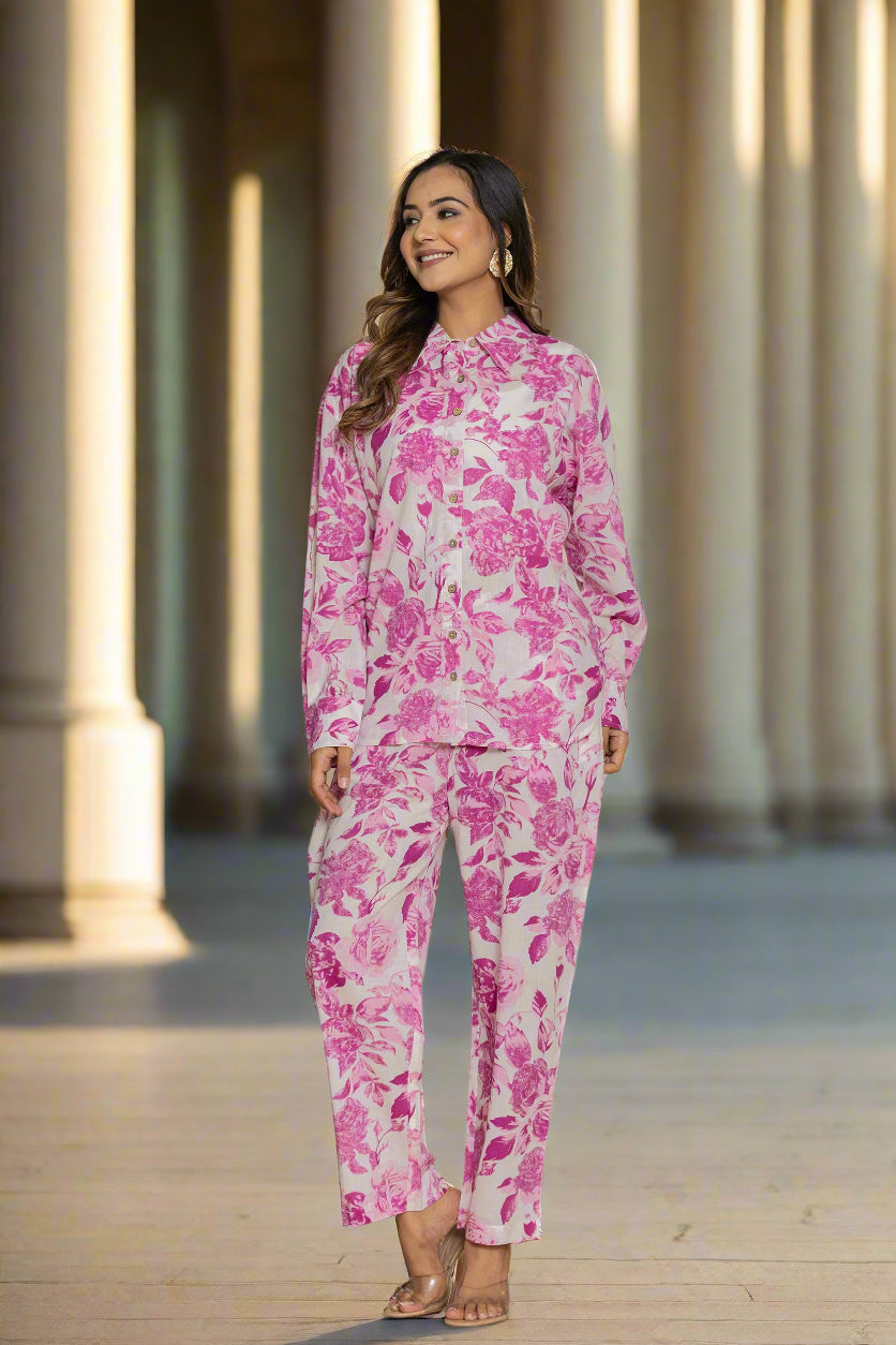 Pink White Floral Cotton Co-ord Set