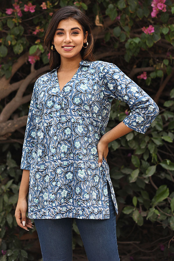 Blue Cotton Short Kurta