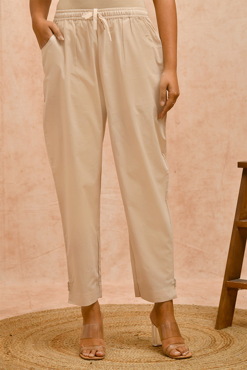 Beige Cotton Narrow Pants
